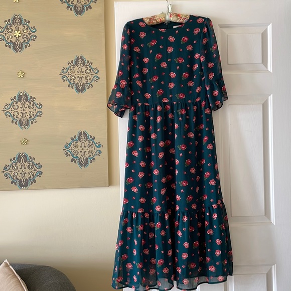 LOFT | Dresses | Green Chiffon Midi Dress With Roses From Loft | Poshmark